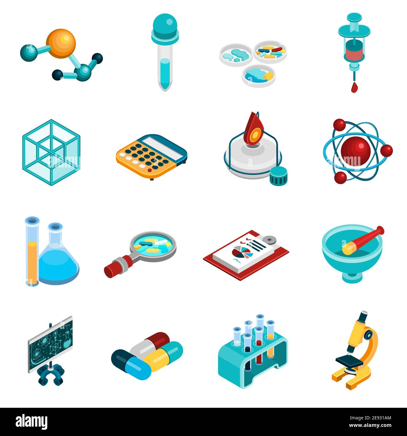 Science isometric icons set with chemistry and pharmaceutics symbols ...