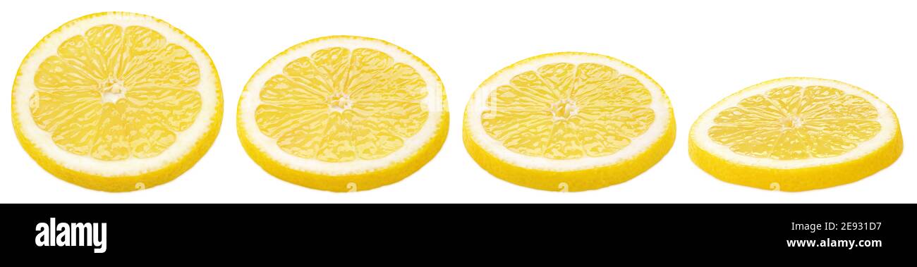Set of sliced lemon citrus fruit lying down isolated on white ...