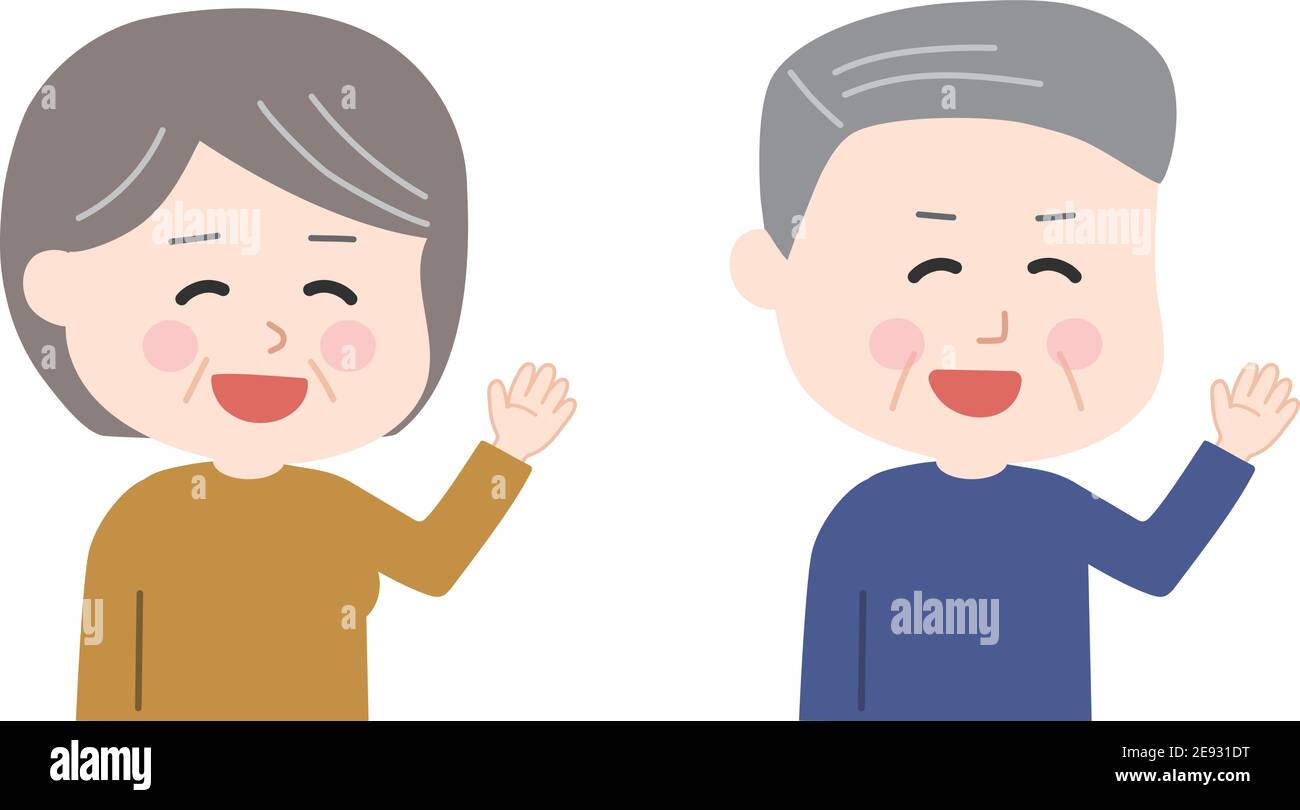 Happy couple saying hello to someone with gestures. Vector illustration ...