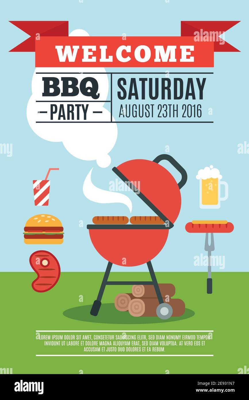 BBQ poster with grill and cooked food flat vector illustration Stock ...