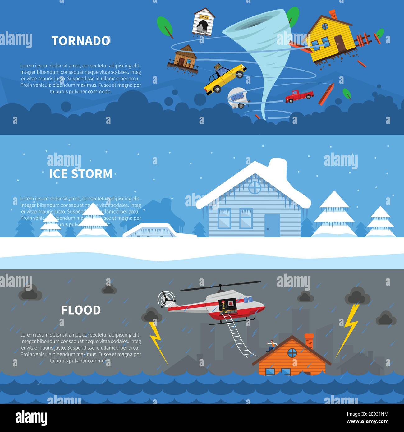 Natural disaster 3 flat horizontal banners set with freezing rain ice ...