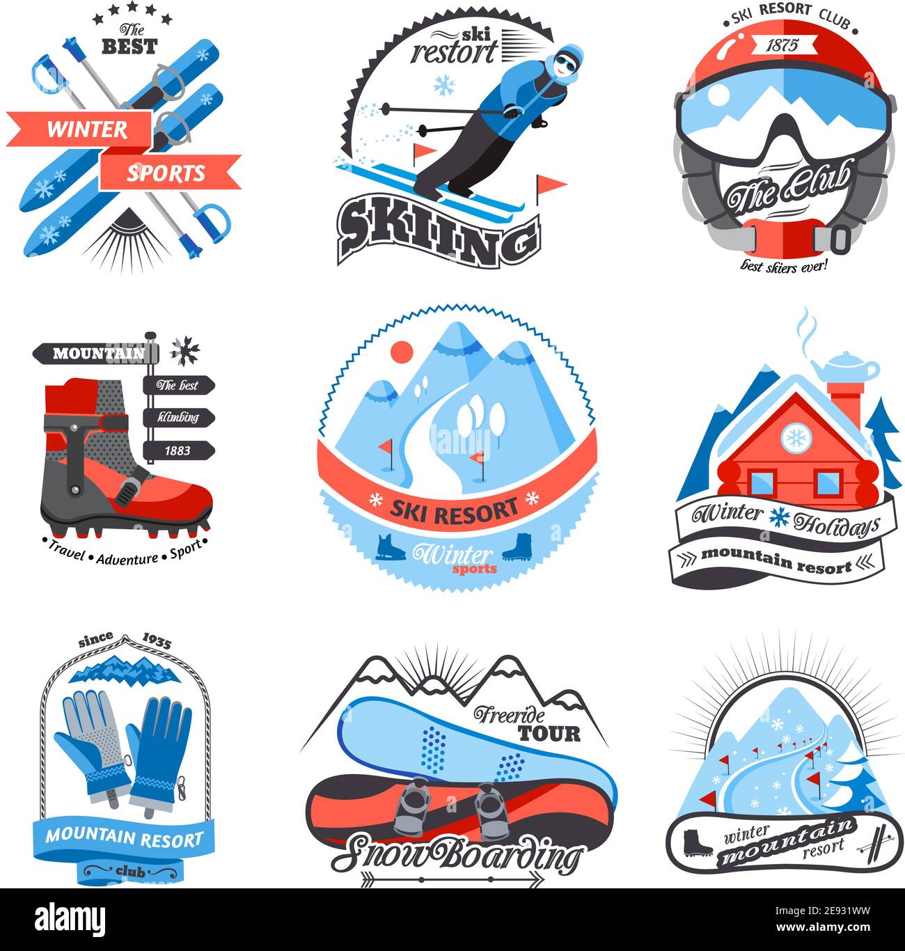 Ski resort emblems set with snowboarding and sled labels isolated ...
