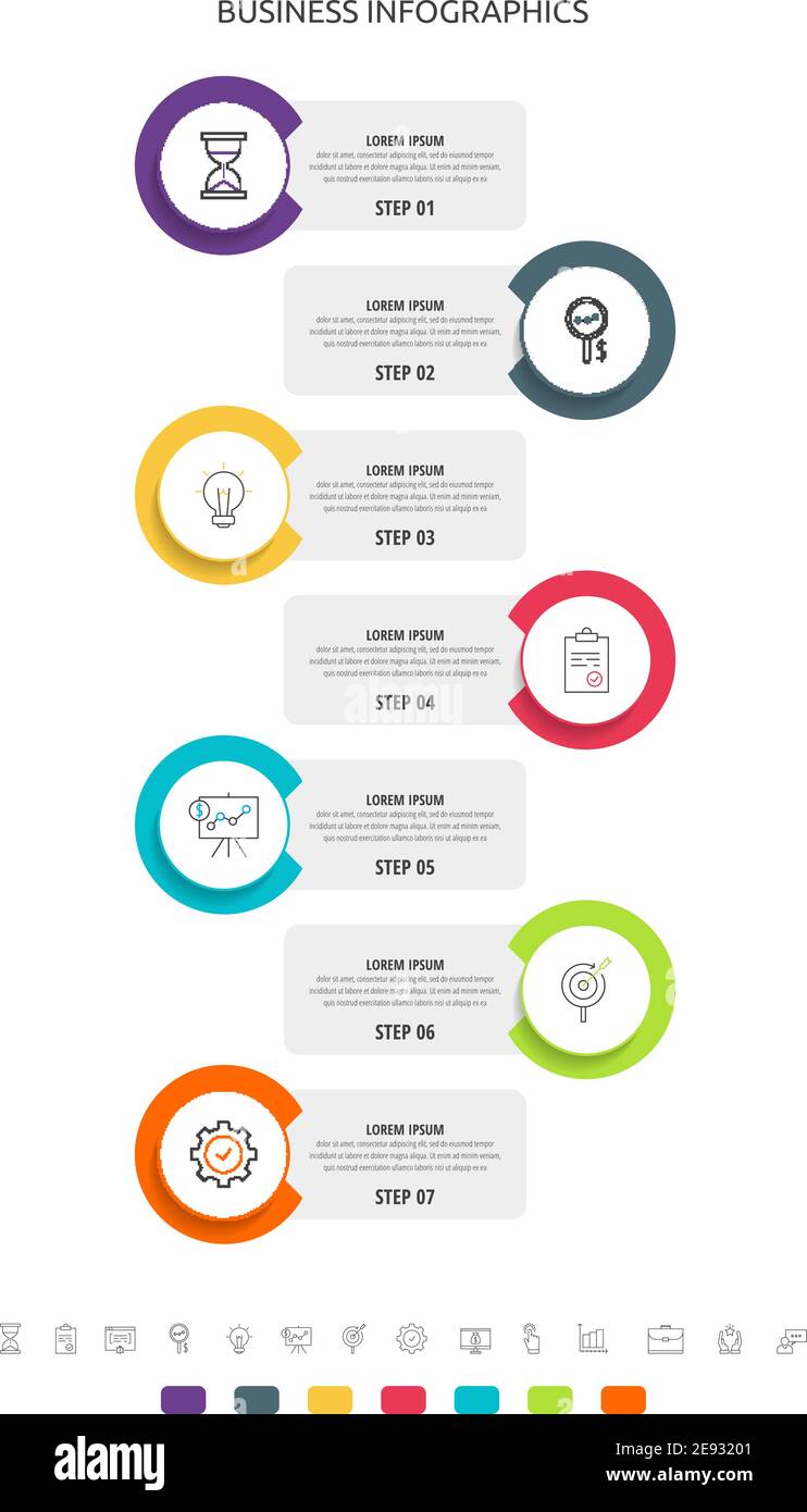 Vector infographics circles with 7 steps, labels. Line chart. Timeline used for diagram, banner ...
