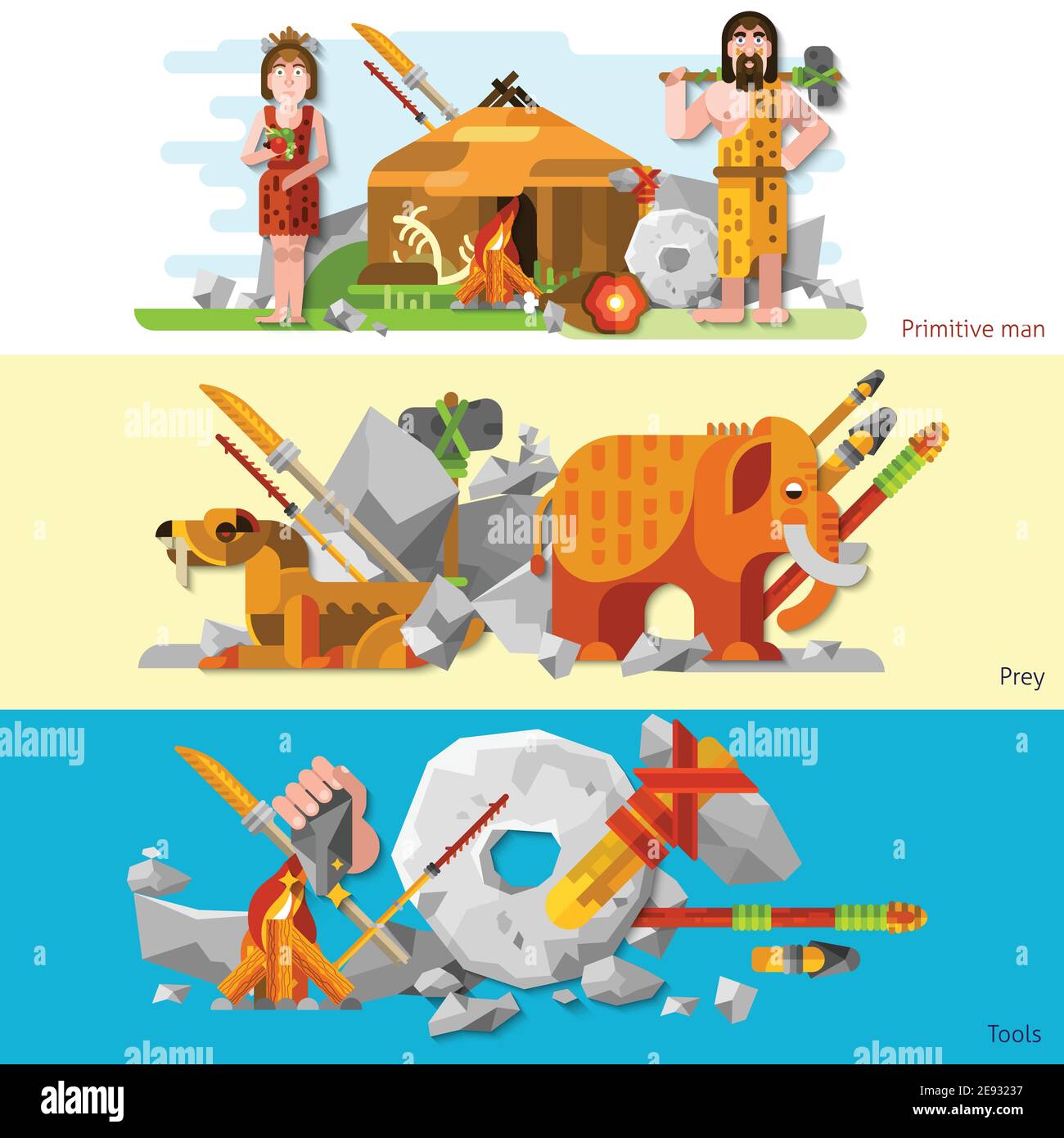 Prehistoric stone age caveman banners in cartoon style with man and ...