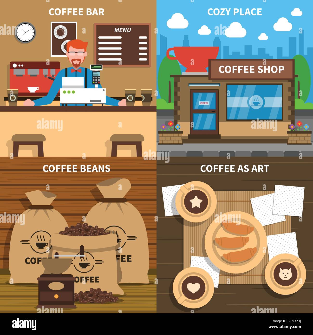 Coffee shop 4 flat icons square composition conceptual poster at cozy ...