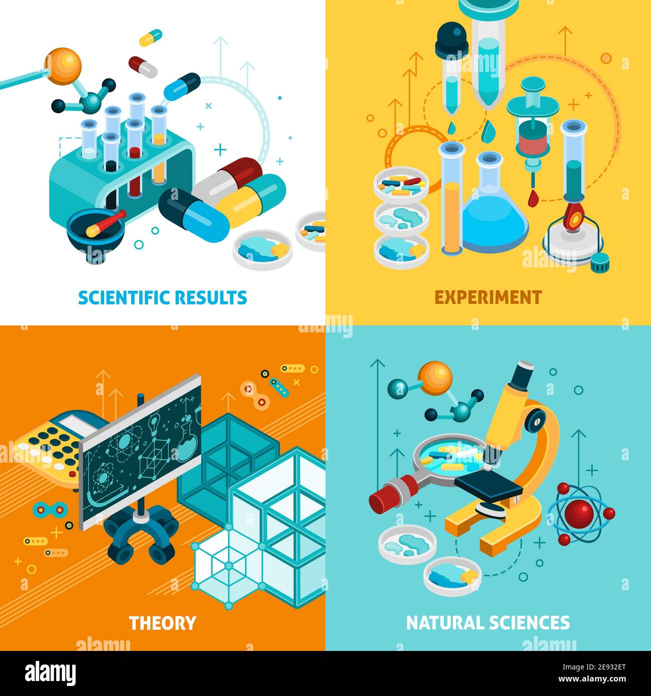 Science concept icons set with experiment and results symbols isometric ...
