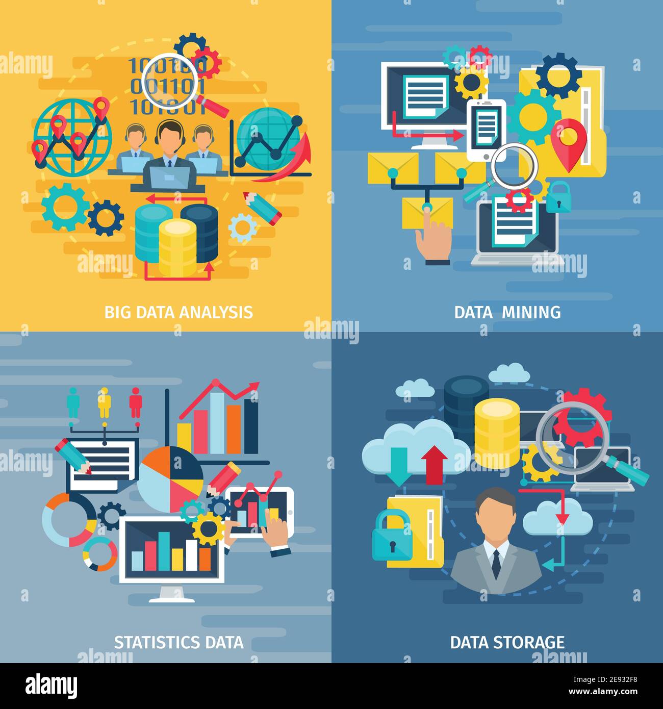 Big Data Mining Analysis And Storage Technology 4 Flat Icons Square Composition Banner Abstract