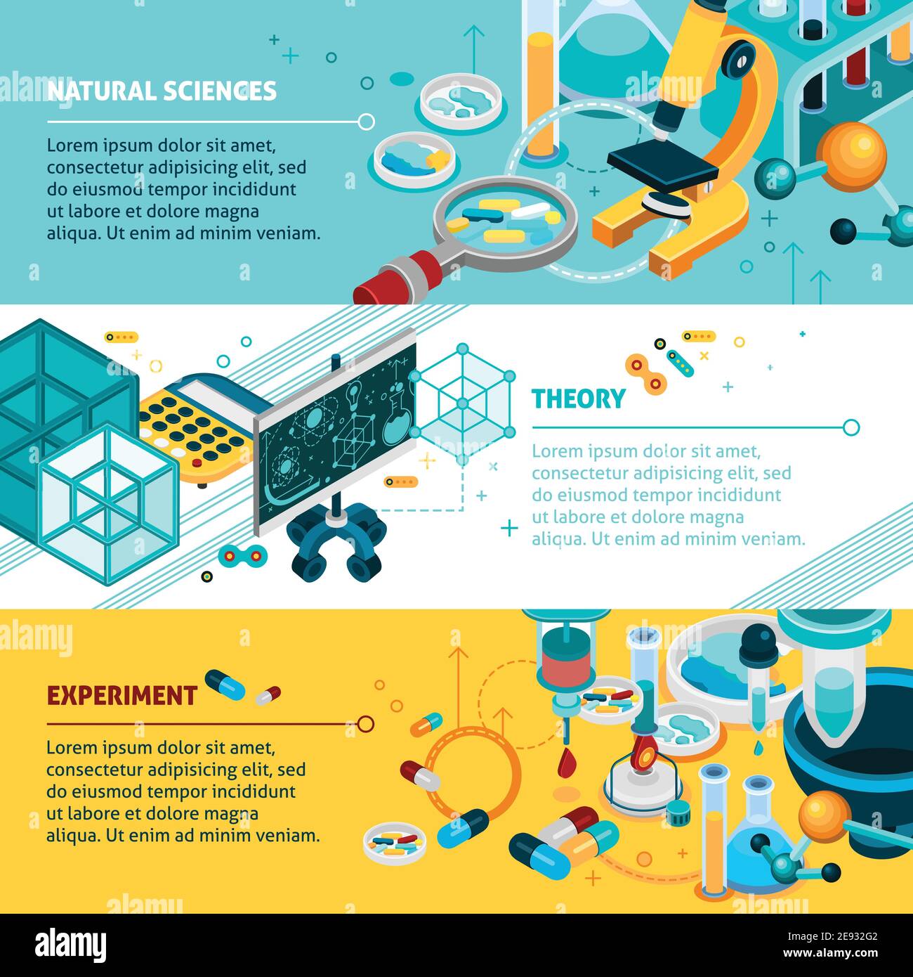 Science isometric horizontal banners set with experiment and theory ...