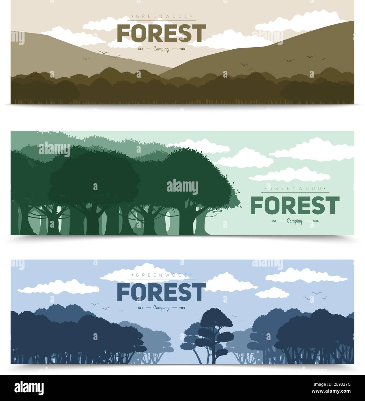 Tree forest banners set with different nature scene isolated vector ...