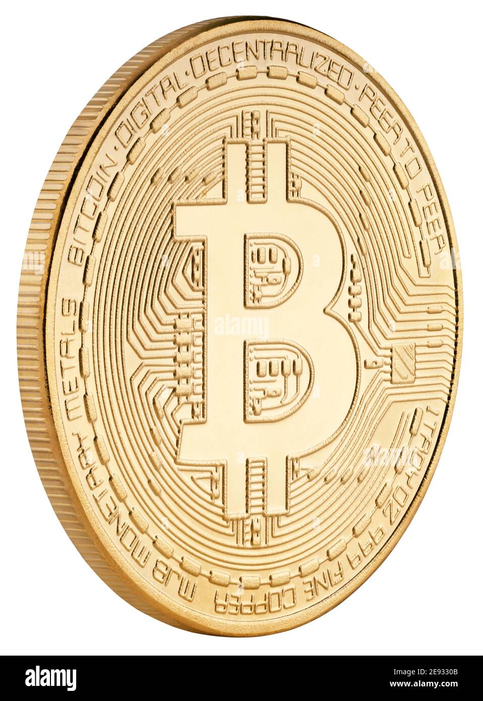 Digital currency golden bitcoin (BTC) isolated on white background with ...