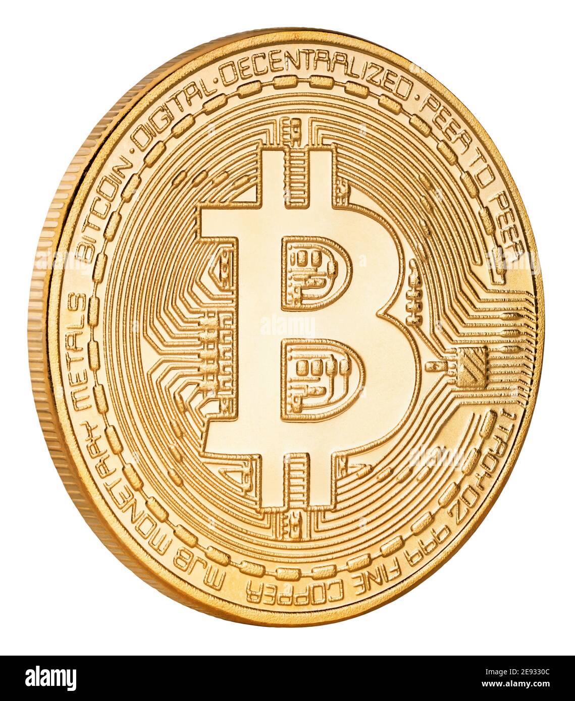 Digital currency golden bitcoin (BTC) isolated on white background with ...