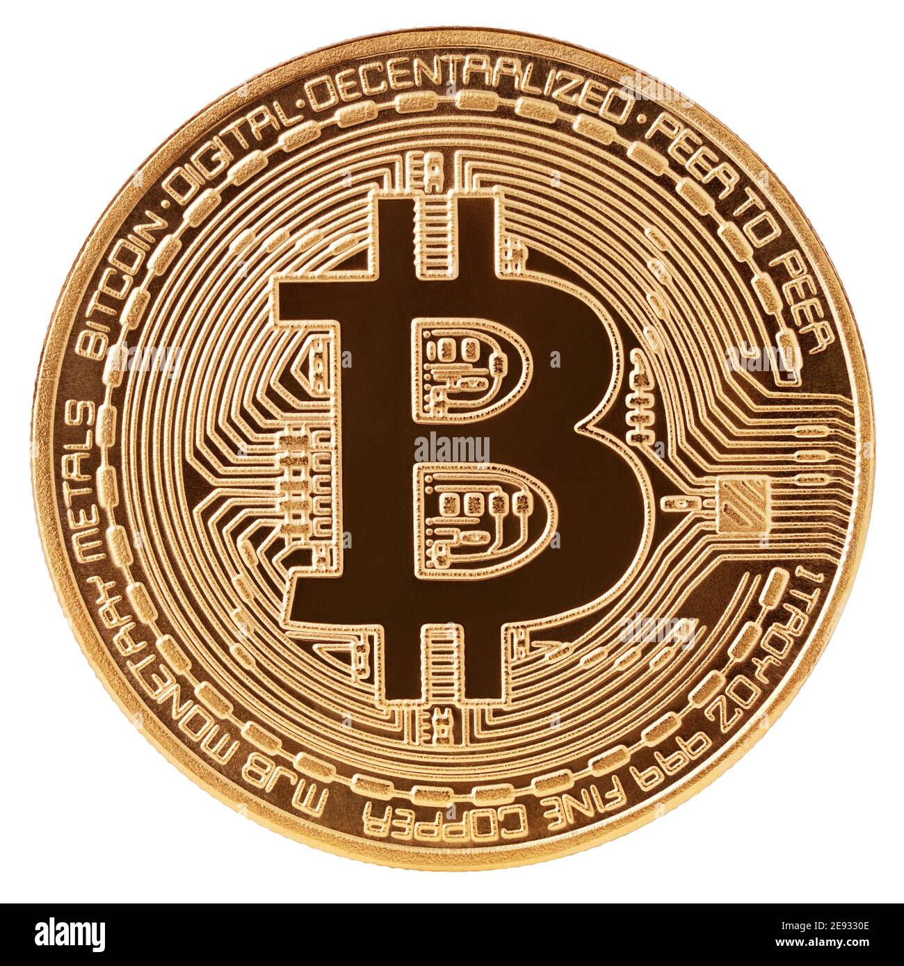 Digital currency golden bitcoin (BTC) isolated on white background with ...