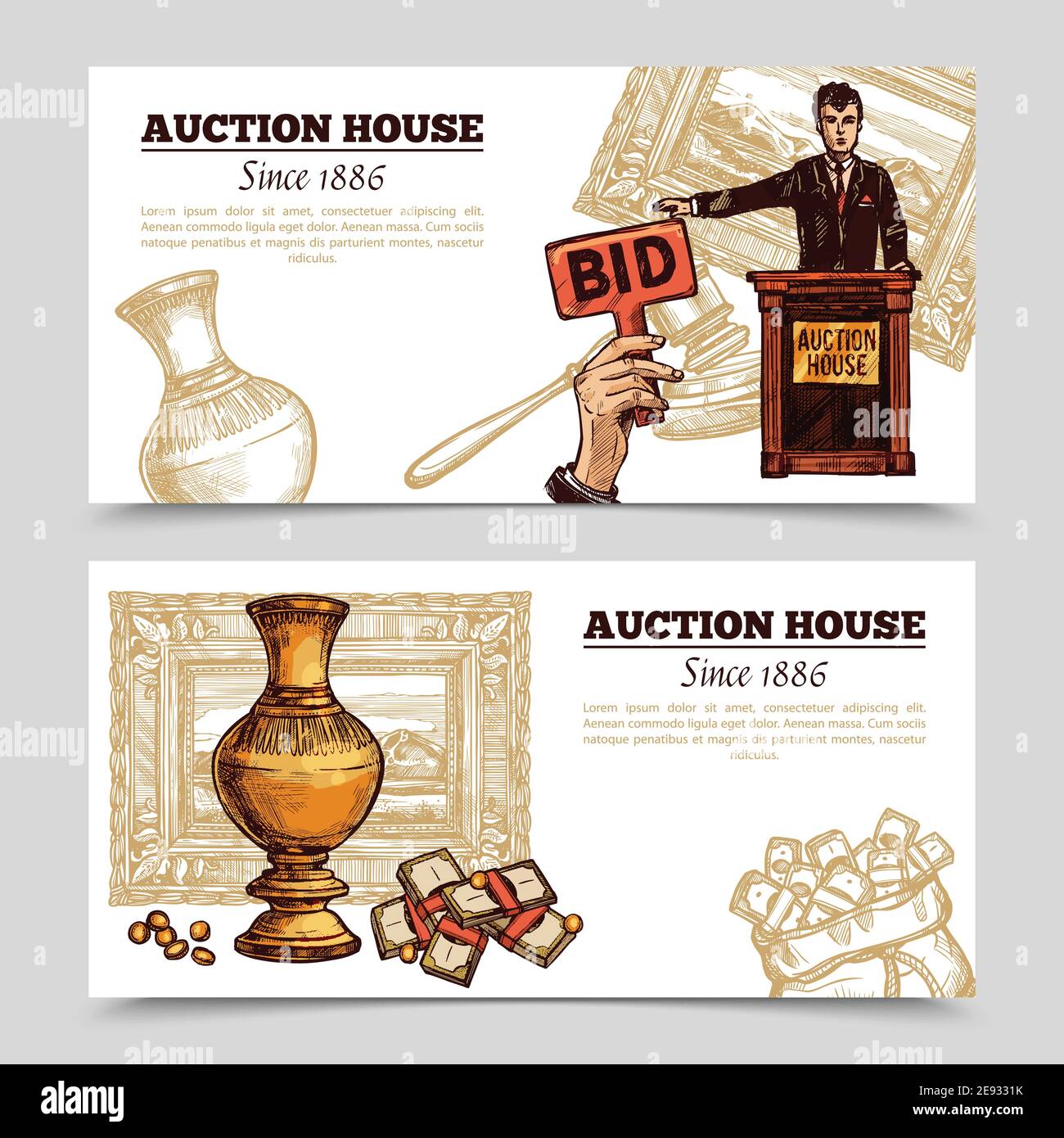 Auction house horizontal banners with manager and rare vase on auction ...