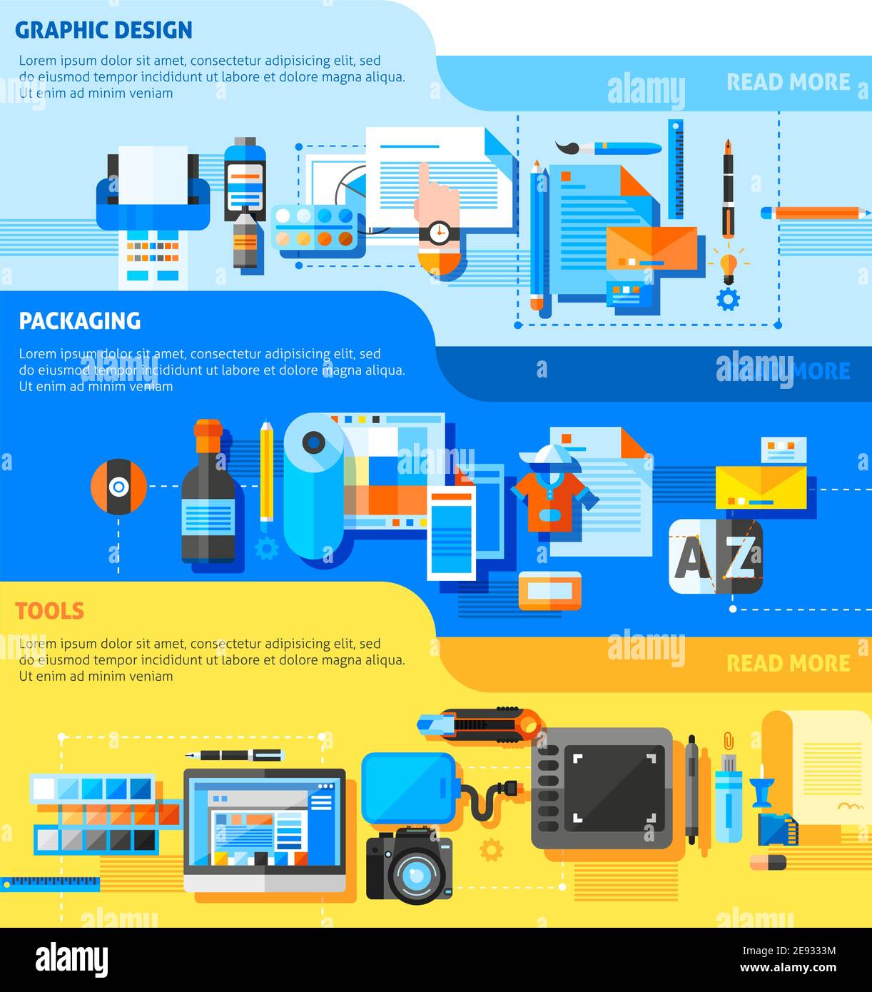 Graphic design horizontal banners set with packaging and tools symbols ...