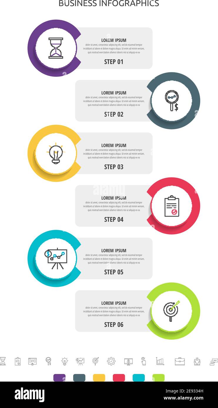 Vector infographics circles with 6 steps, labels. Line chart. Timeline used for diagram ...