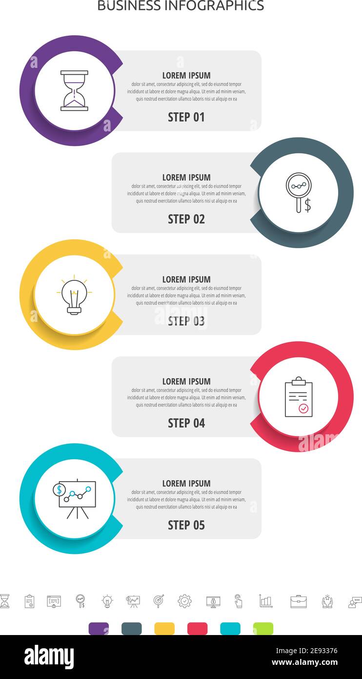 Vector infographics circles with five steps, labels. Line chart. Timeline used for diagram ...