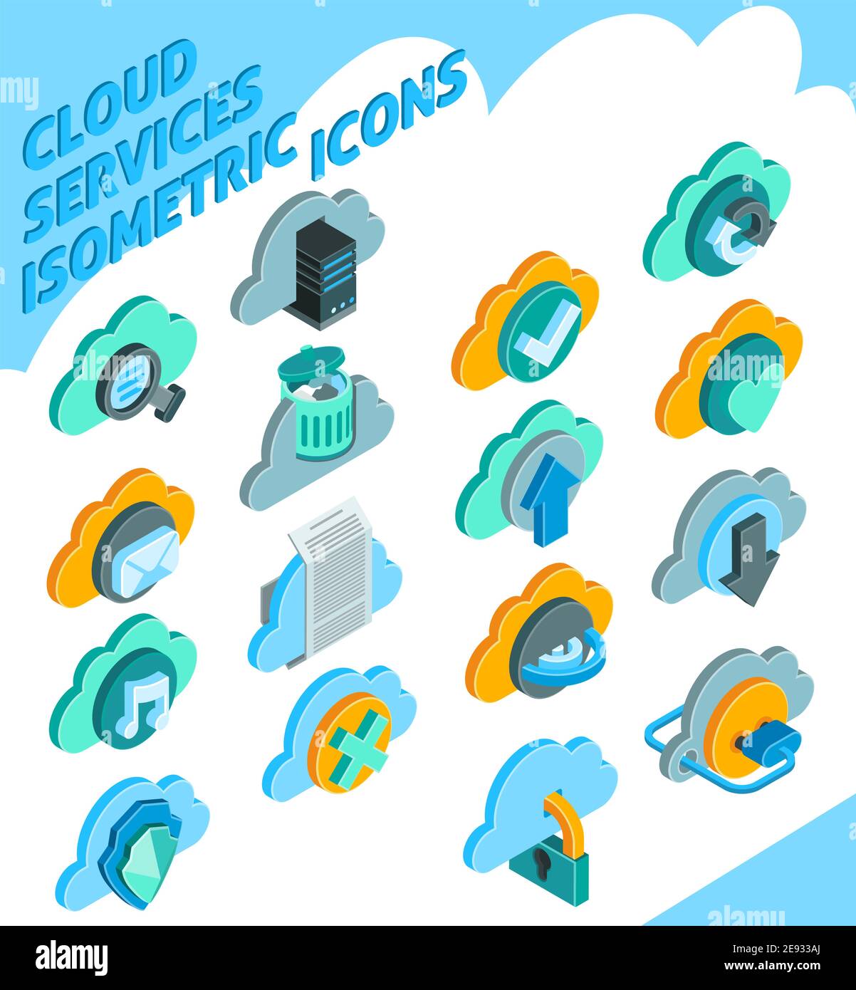 Cloud services isometric icons set with information storage symbols ...