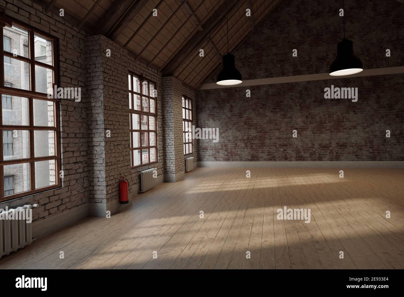 3d rendering of empty studio loft with white grunge bricks walls Stock ...