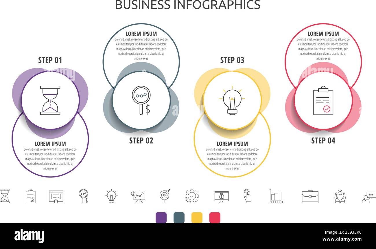 Vector infographics circles with 4 steps, labels. Line chart. Timeline used for diagram, web ...