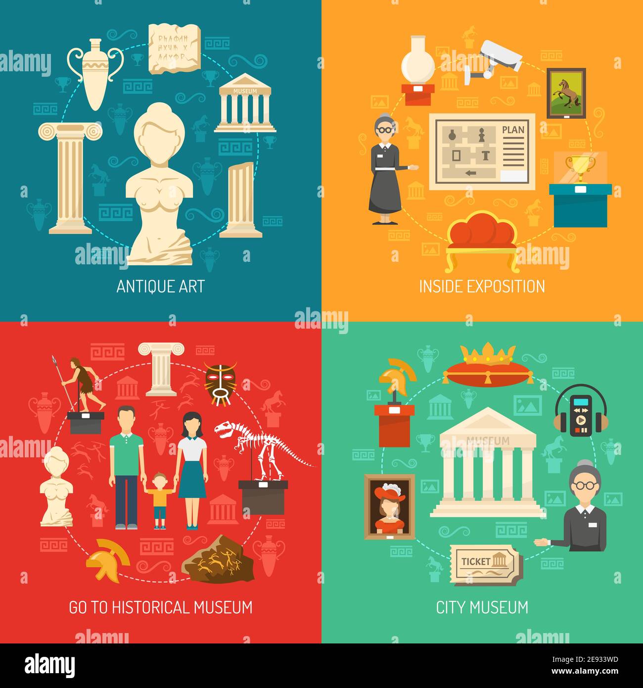 Museum 2x2 design concept set of antique art elements inside exposition ...
