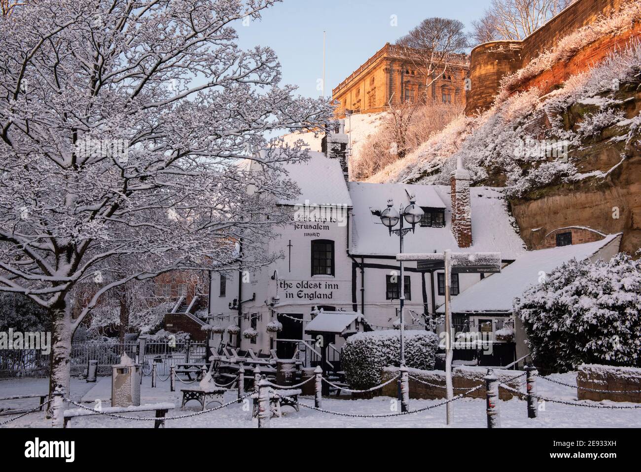 Snow at the Historic Ye Olde Trip to Jerusalem Pub in Nottingham City ...
