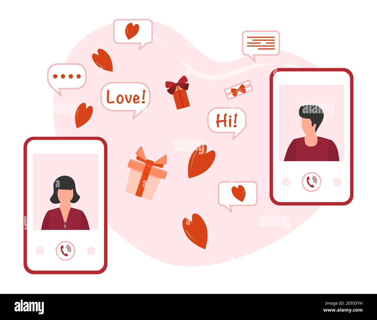 Vector illustration Man and woman talking by smart phone. People during ...