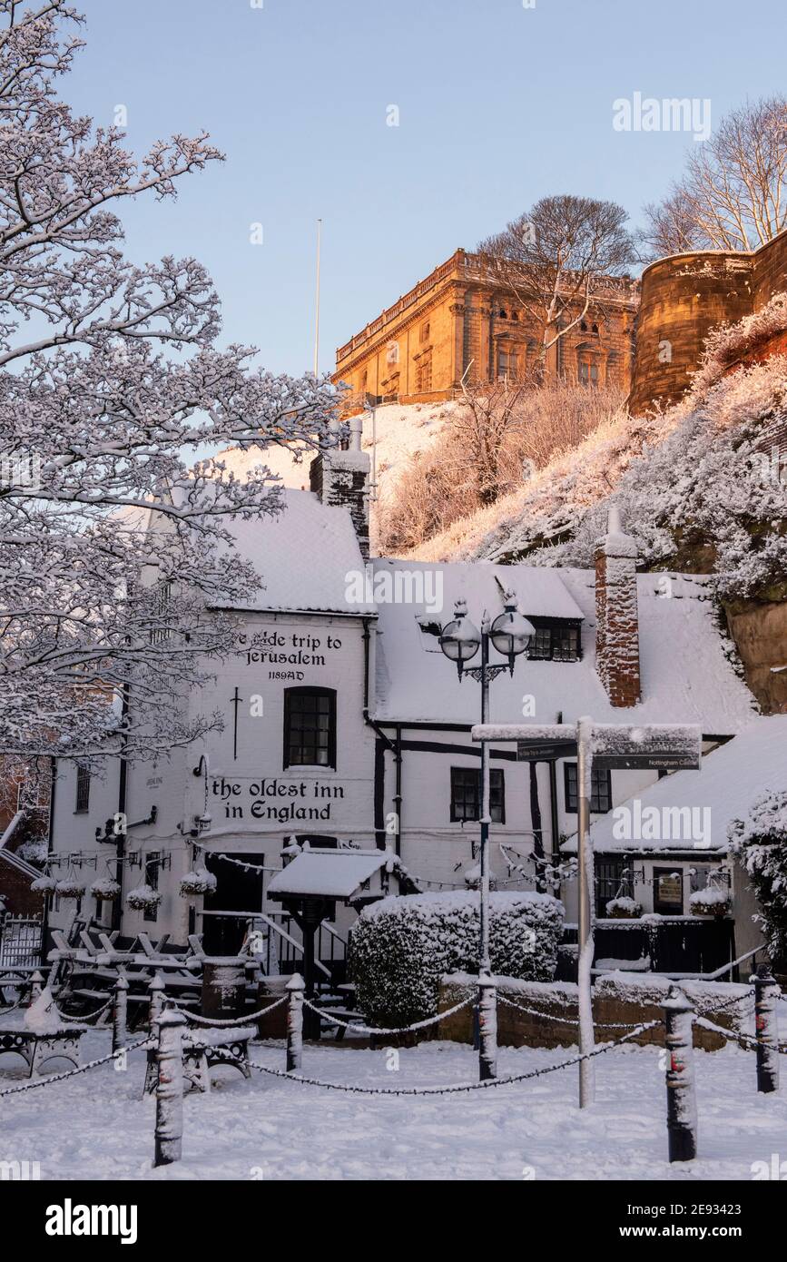 Snow at the Historic Ye Olde Trip to Jerusalem Pub in Nottingham City ...