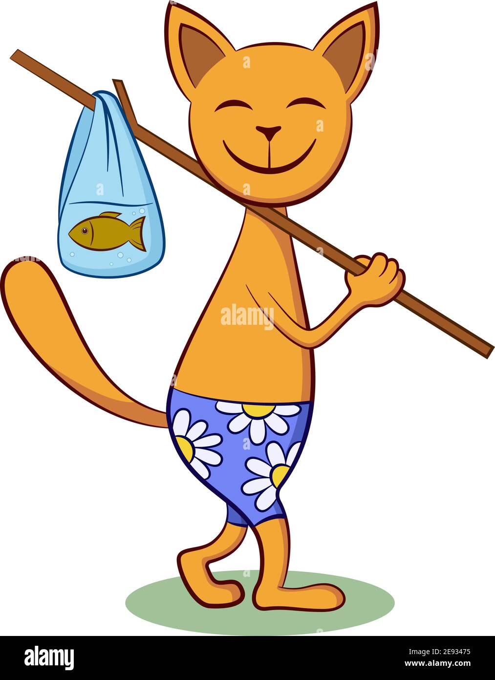 Funny Cartoon Cat with Fish, Isolated on White Background. Vector Stock ...