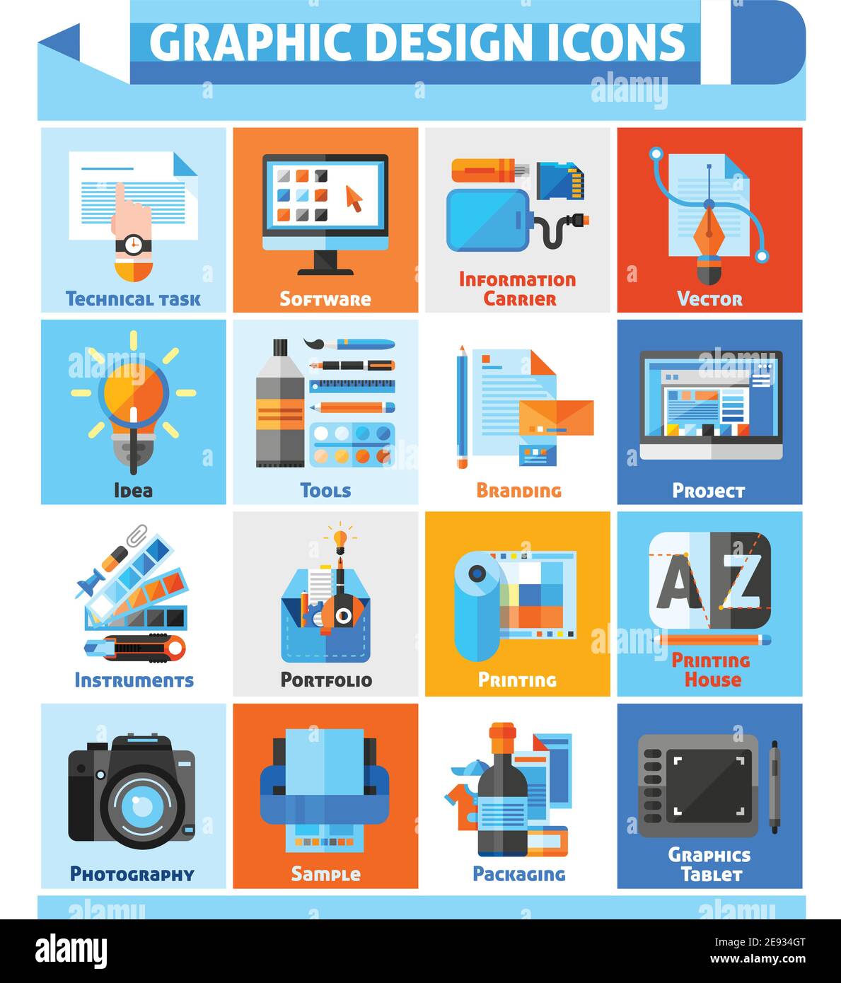 Graphic design square icons set with branding project and tools symbols ...