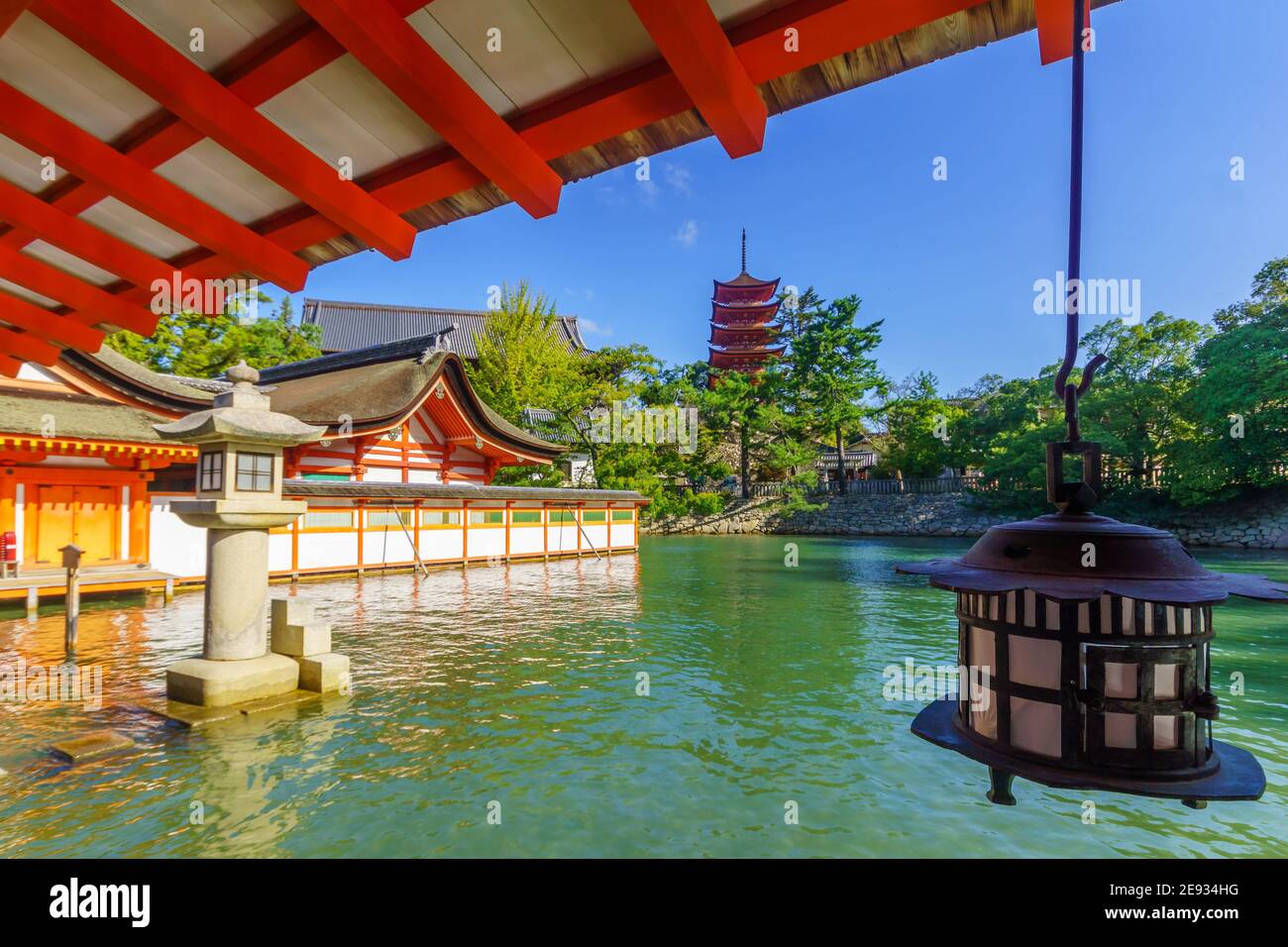 View of the Itsukushima Shrine, at high tide, and the Five-storied ...