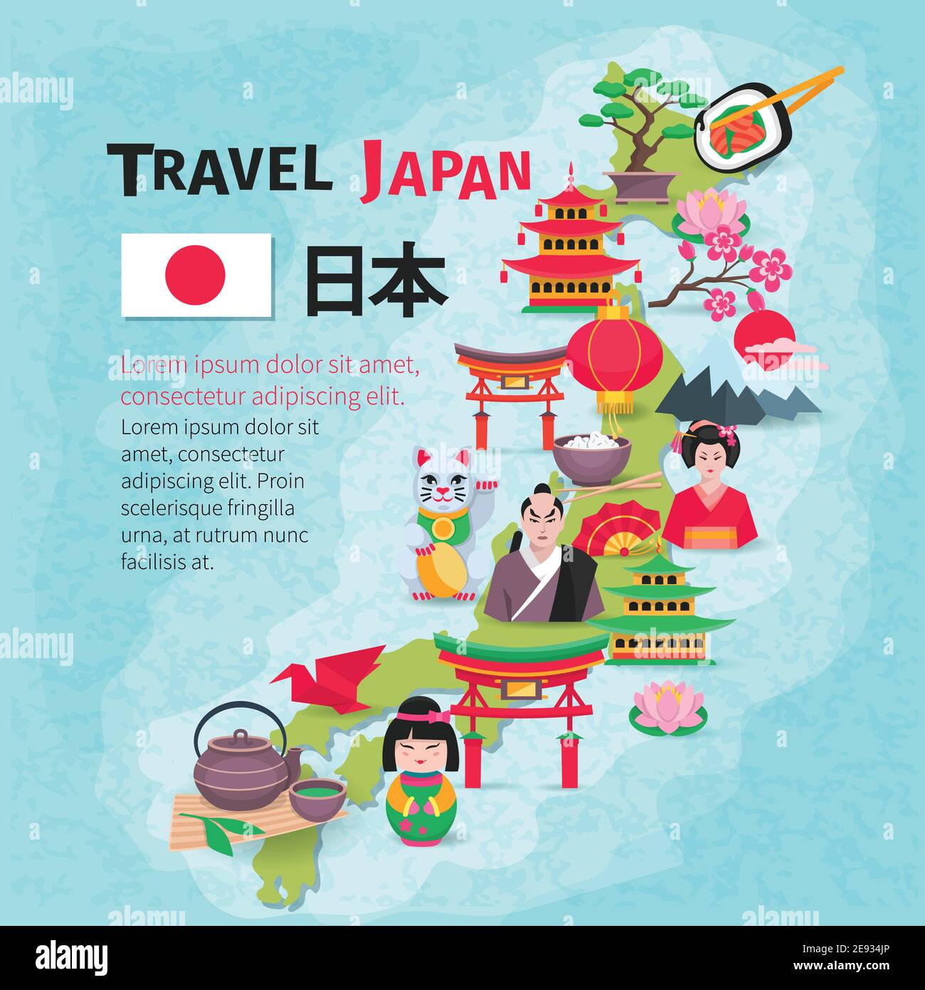Japanese culture and national symbols with country map and flag for ...