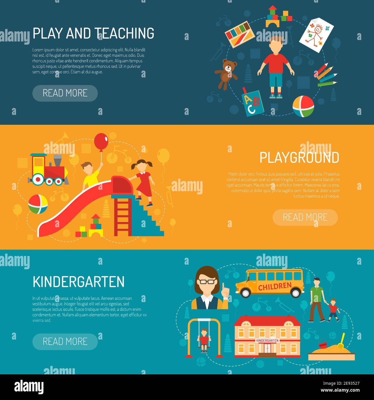 Horizontal banners presenting kindergarten itself play and teaching ...