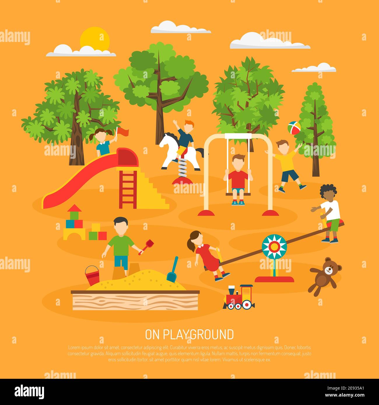 Kindergarten poster of kids playing on outdoor playground with swings ...