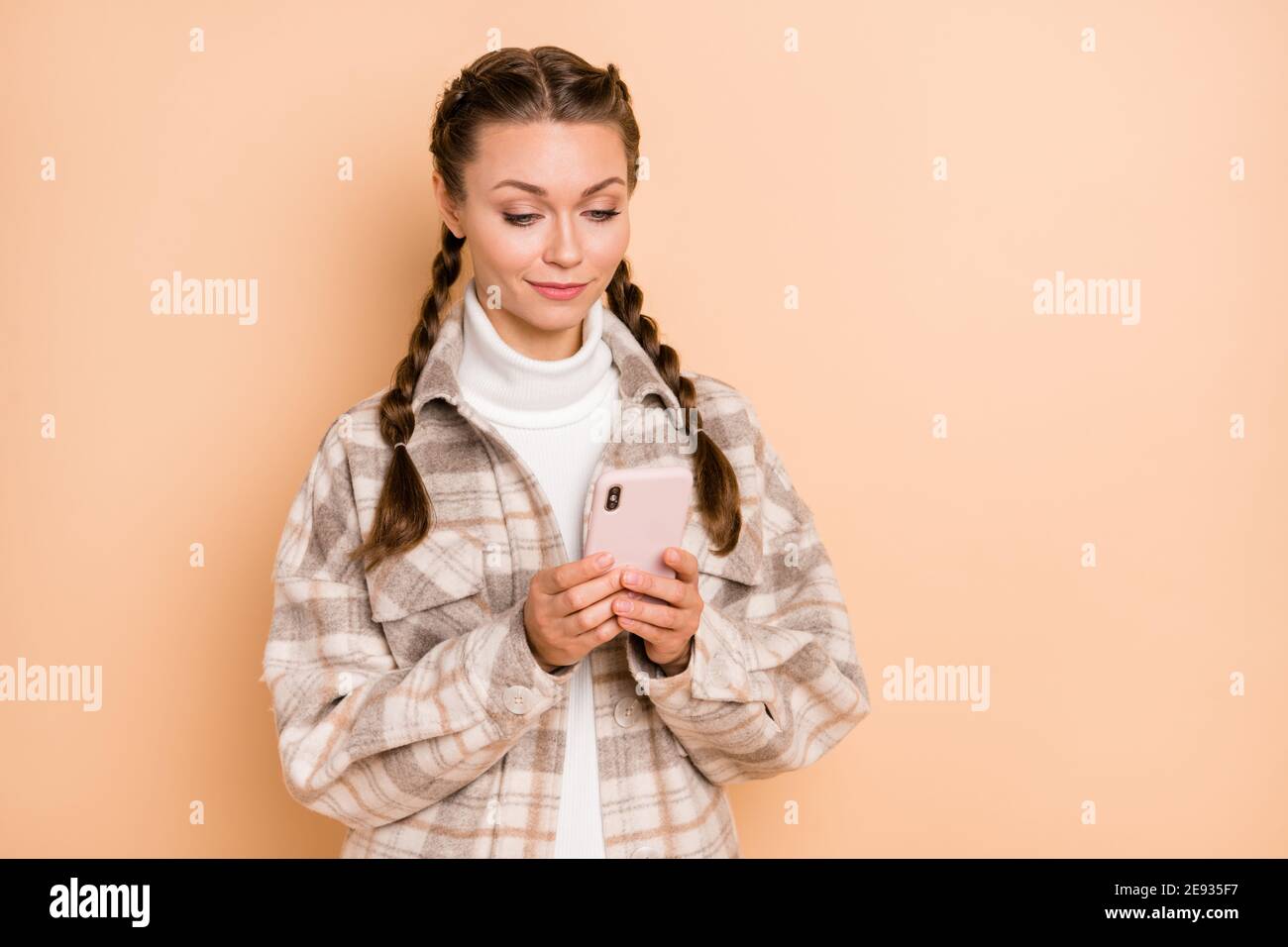 Photo of young attractive lovely happy positive smiling girl blogger ...