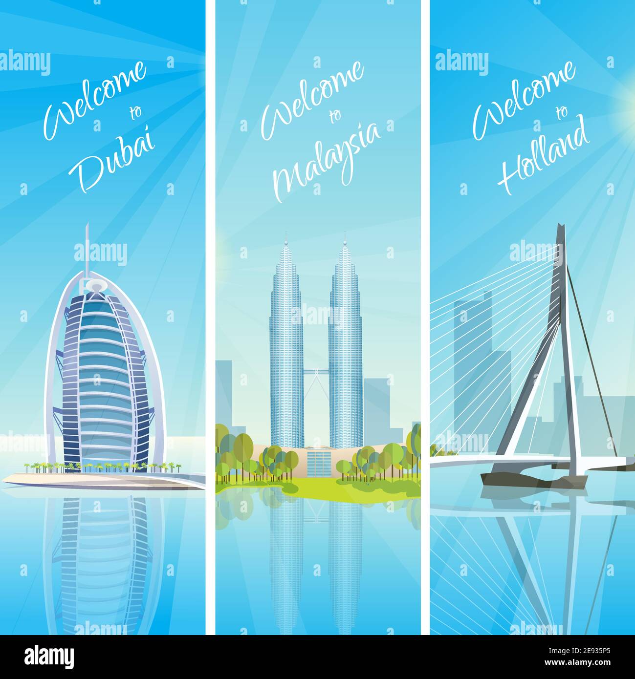 Modern cityscapes 3 vertical banners travel poster with kuala lumpur ...