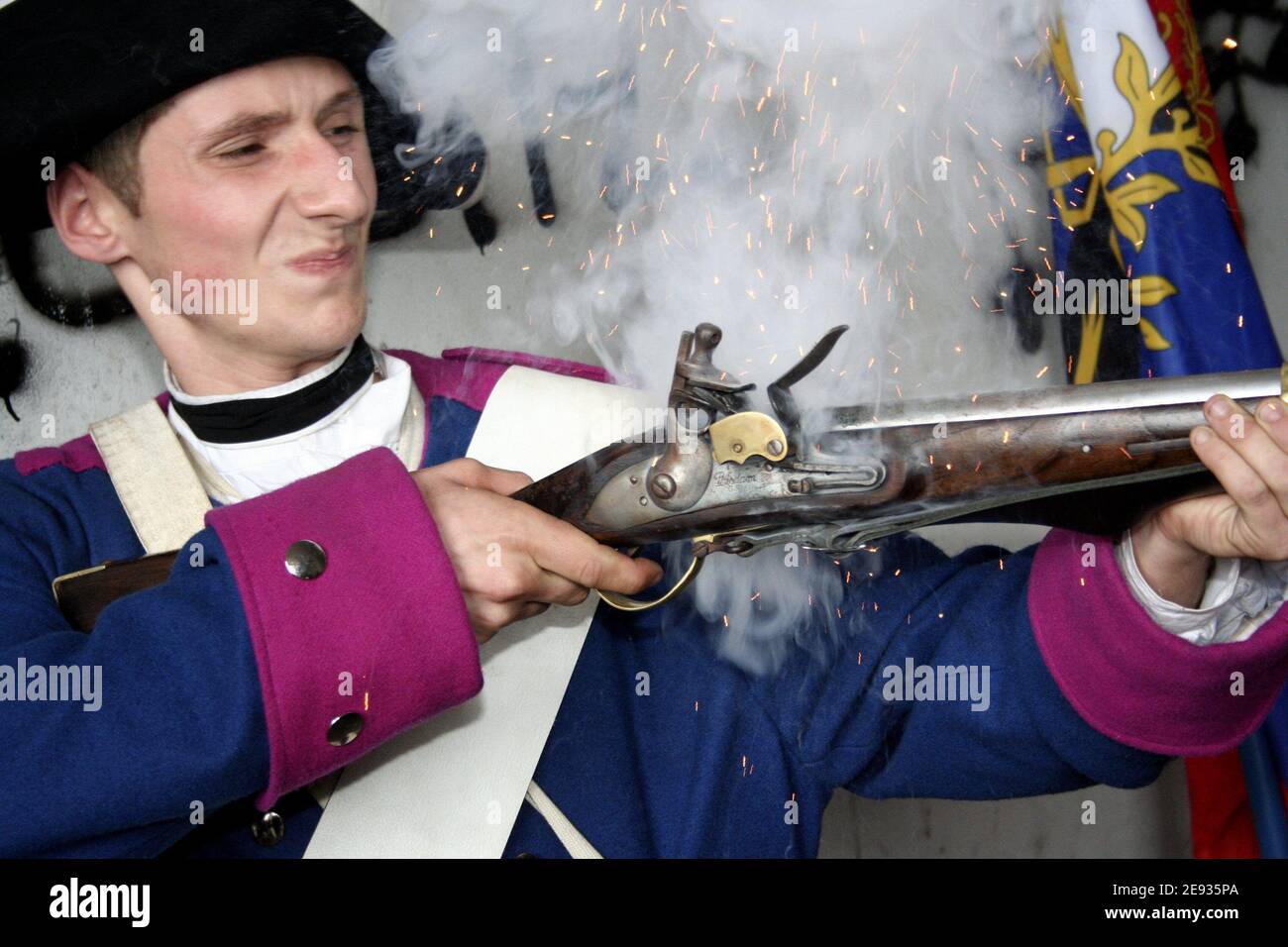 Cracow. Krakow. Poland. Reenactor in uniform of Prussian Musketeers, IR ...