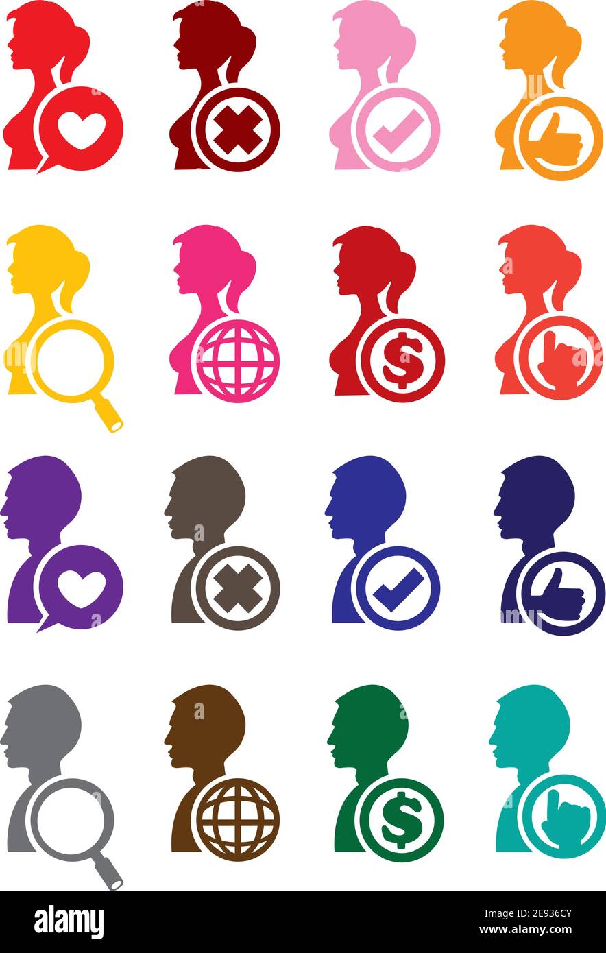 Round web icons and conceptual symbols on side view of man and woman ...