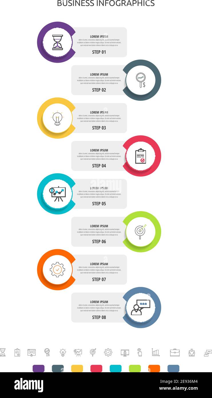 Vector infographics circles with 8 steps, labels. Line chart. Timeline used for diagram ...