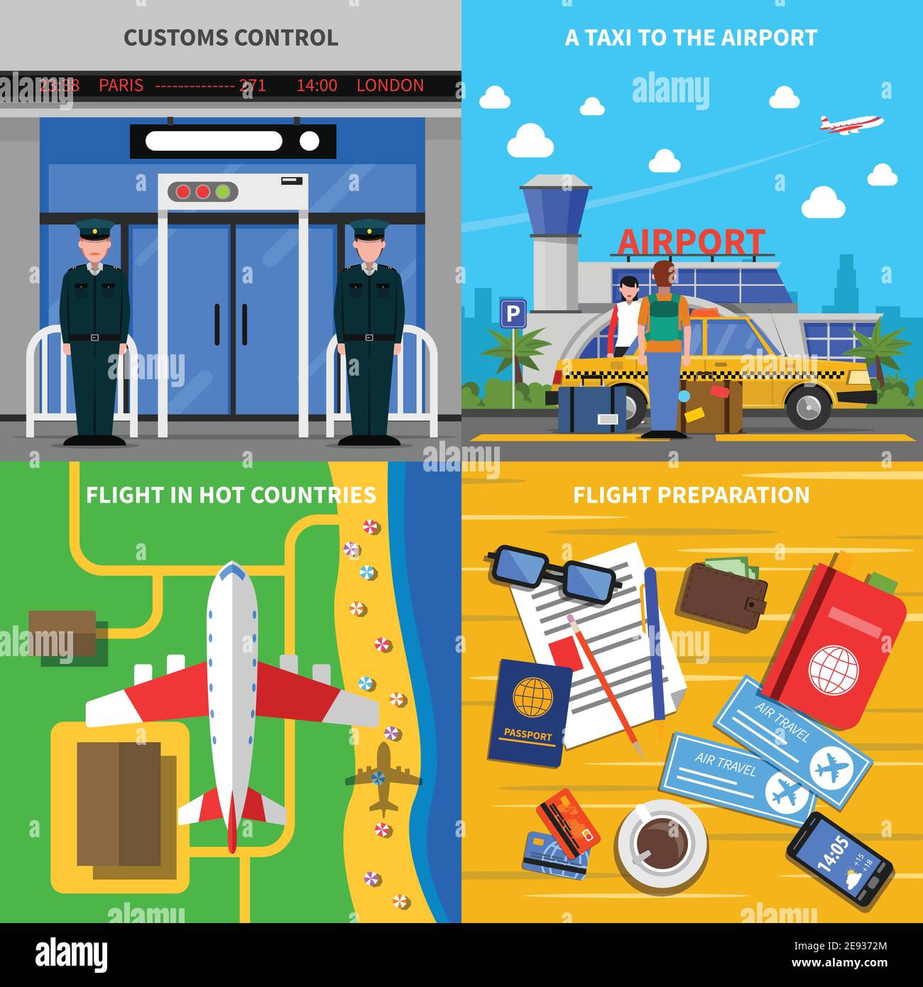 Airport departure concept 4 flat icons square composition with travel ...