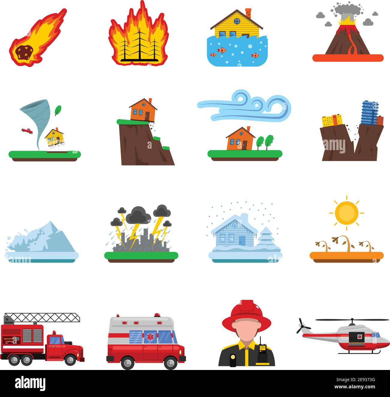 Natural disasters flat icons set with forest fire tsunami wave and ...