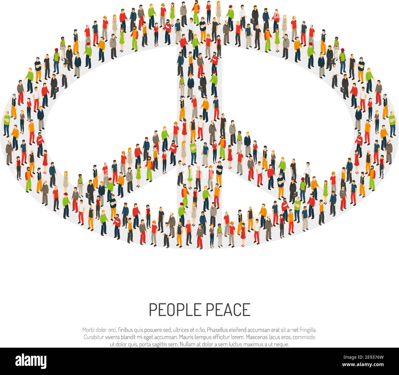 Crowd of different people form huge peace symbol by themselves on white ...
