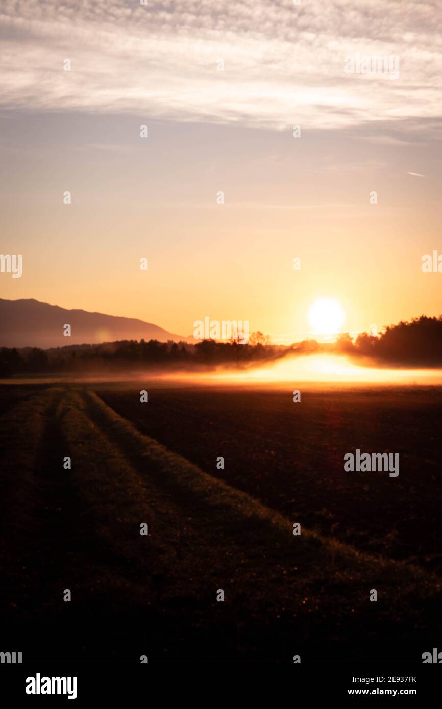 Sun set in a forest mountain and winter landscape hi-res stock ...