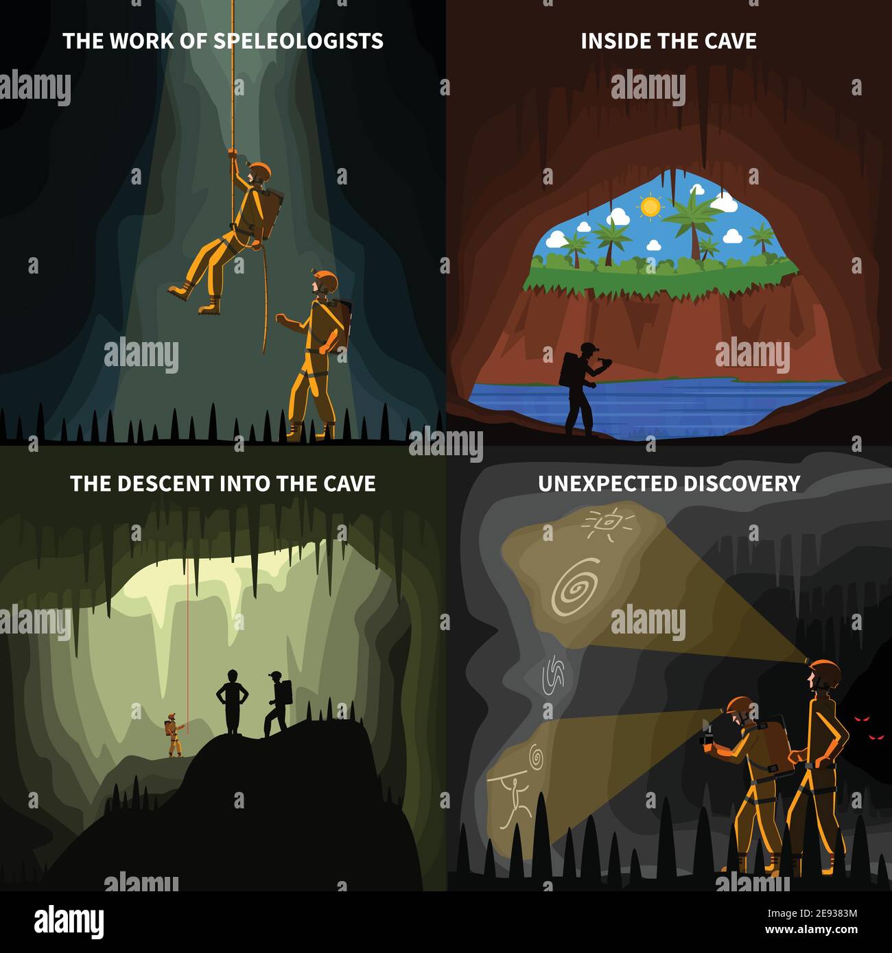 Speleologists descent into the cave underground discovery 4 flat icons ...