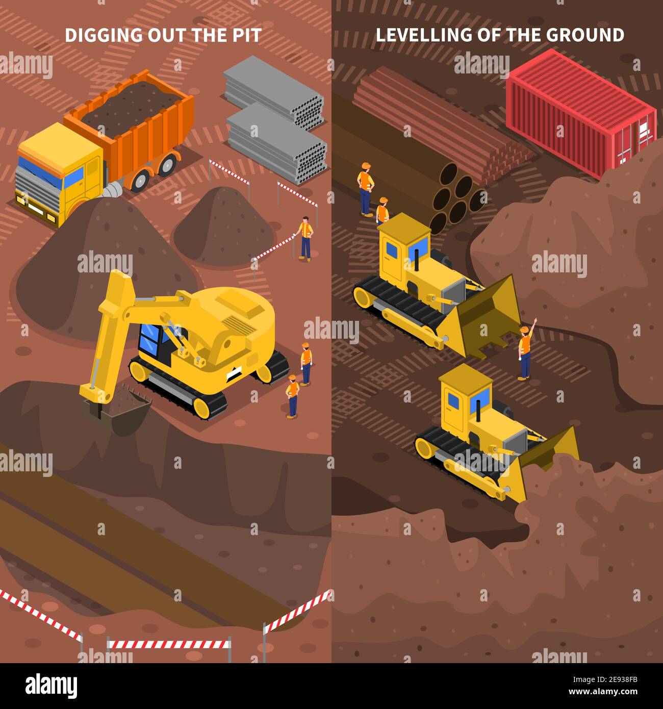 Construction machinery at work pit digging and ground leveling 2 ...