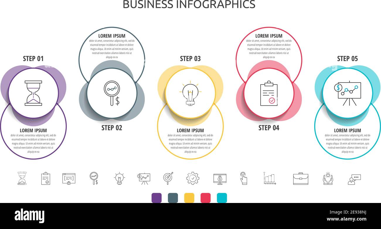 Vector infographics circles with five steps, labels. Line chart. Timeline used for diagram ...