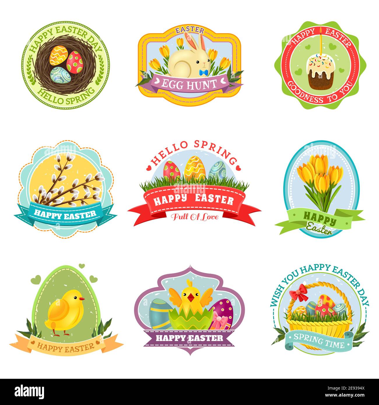 Easter colorful emblem set with spring holiday symbols isolated vector ...