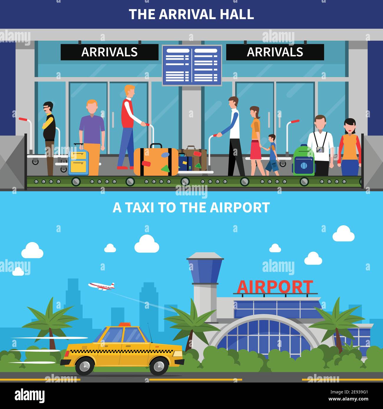 Traveling by plane horizontal banners set with taxi and arrival hall ...