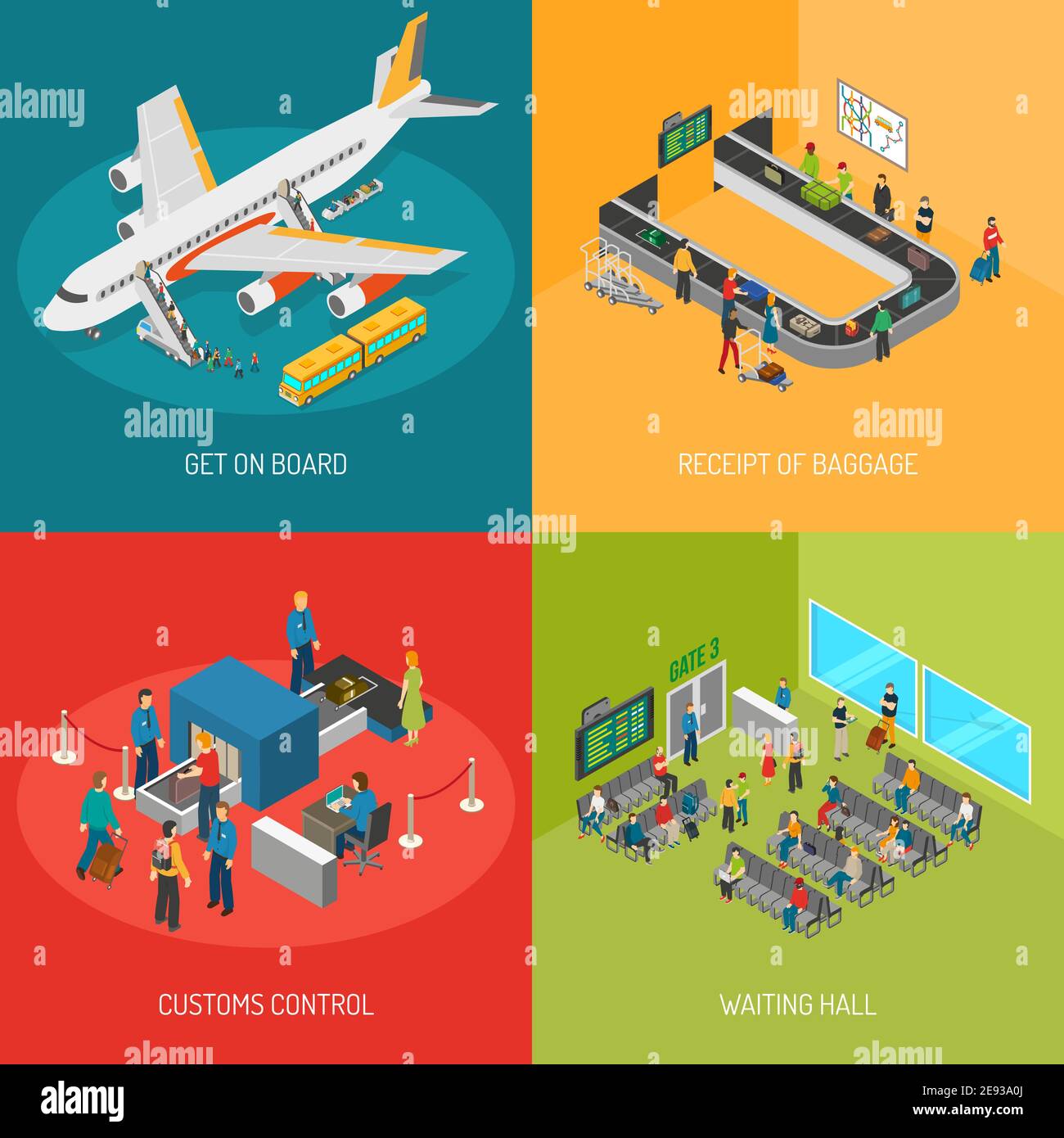Airport 2x2 images presenting get on board receipt of baggage customs ...
