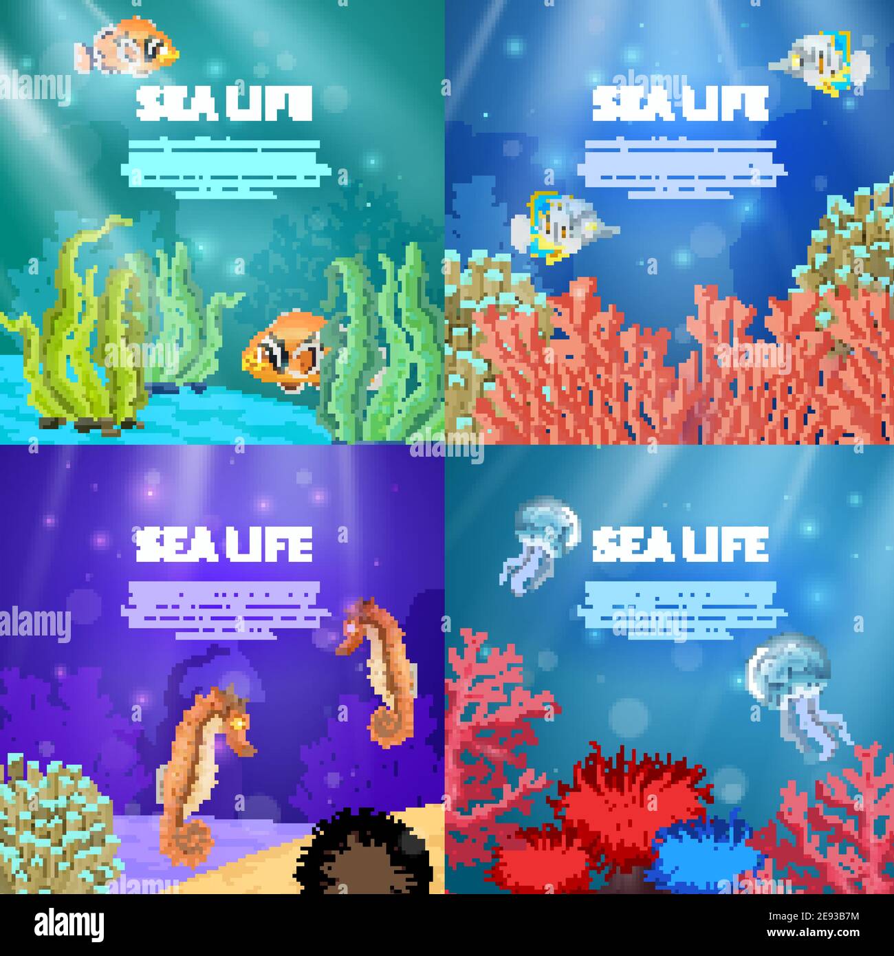 Variants of underwater landscape with different colors and animals ...