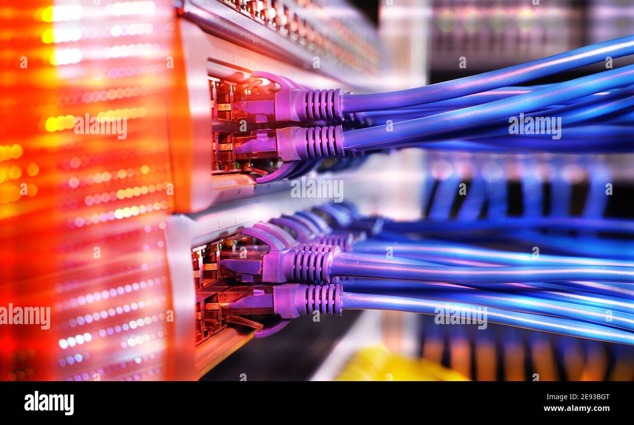 Server rack with blue and red internet patch cord cables connected to black patch panel in data ...